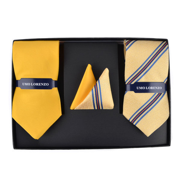Umo Lorenzo Yellow Striped & Solid Tie Set – 4pc Gift Box for Men ...